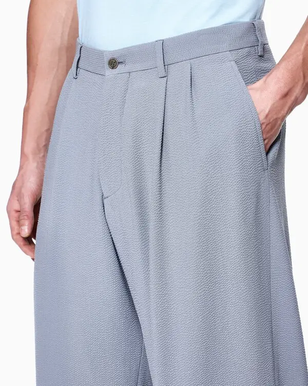 Giorgio Armani Double Pleat Trousers In Virgin Wool Seersucker - Grey