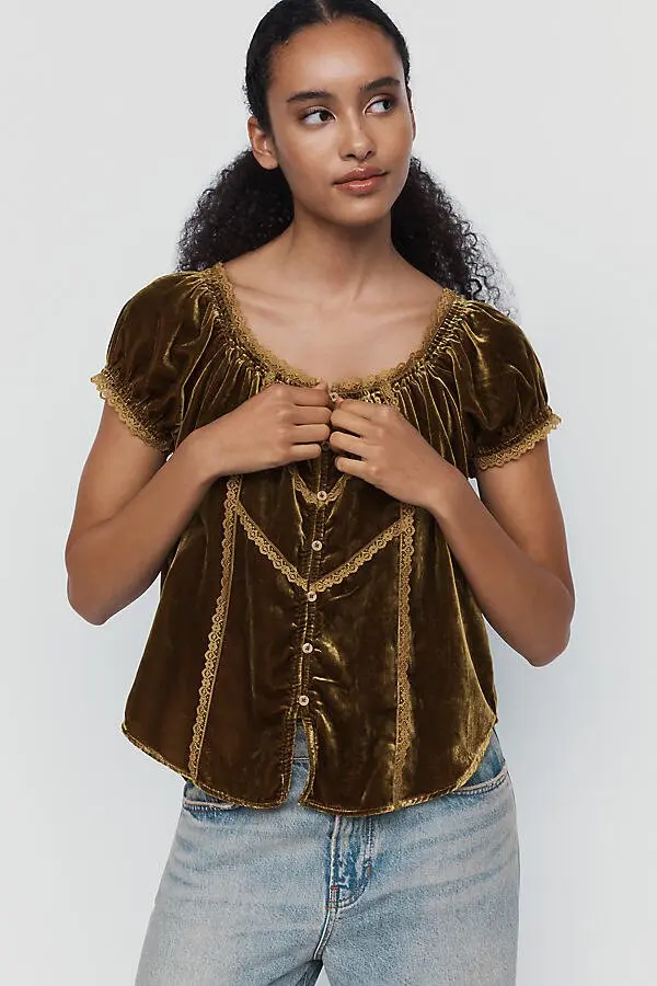 Anthropologie Amber Velvet Top - Moss