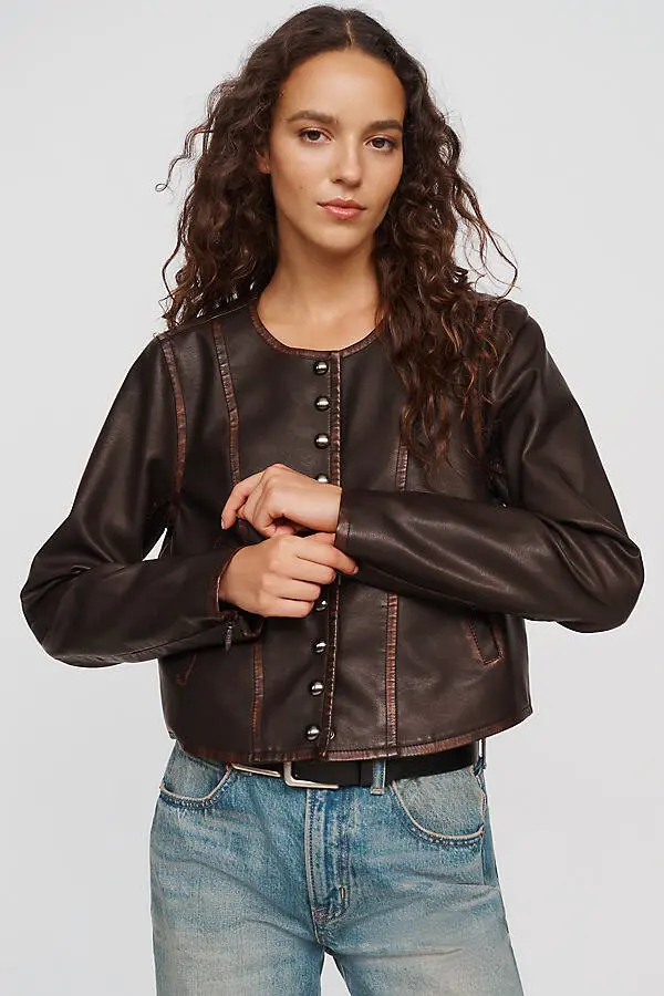 PILCRO Cora Faux Leather Cropped Biker Jacket - Chocolate