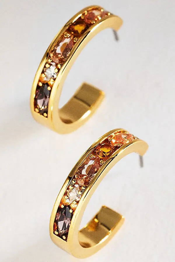 Anthropologie Mixed Stone Bezel Hoop Earrgs - Neutral Pattern