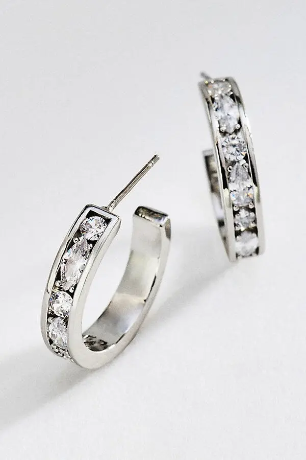 Anthropologie Mixed Stone Bezel Hoop Earrgs - Silver/clear