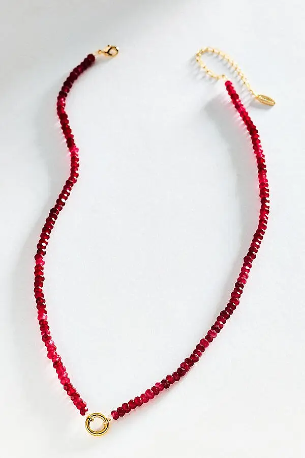 Anthropologie Beaded Circle Pendant Necklace - Red