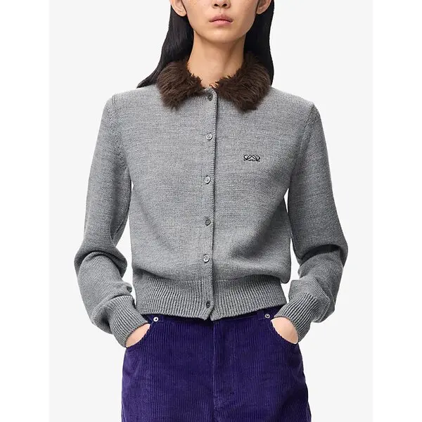 Loewe Hairy-collar Wool Knit Cardigan - Grey