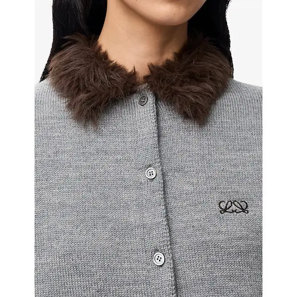 Loewe Hairy-collar Wool Knit Cardigan - Grey