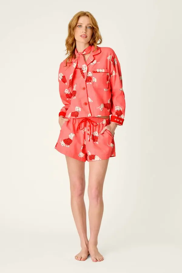 PJ Salvage Dachshund Print 3-piece Short Flannel Pajama Set - Conch Shell