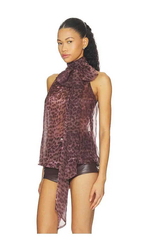 Bardot Arlette Neck Tie Printed Top In Brown
