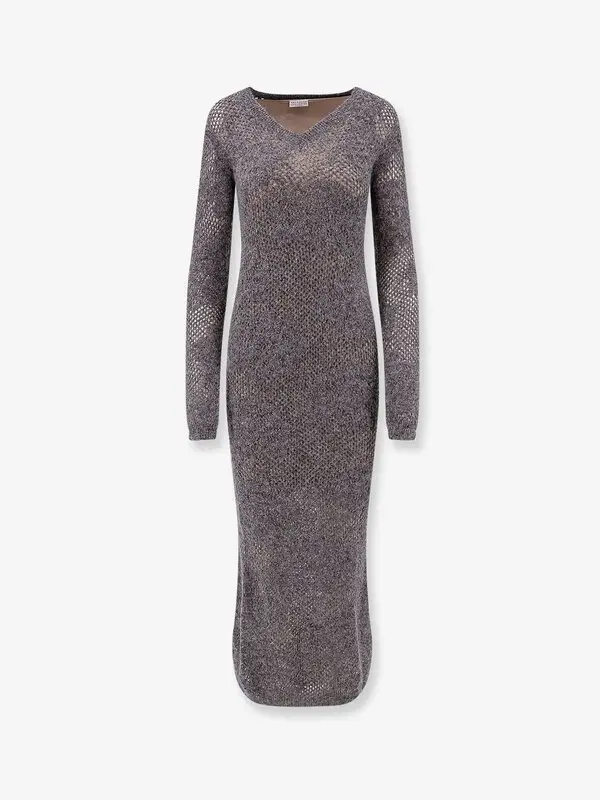 Brunello Cucinelli Flower Lace Sparkling Mohair And Virgin Wool Knit Dress - Grey