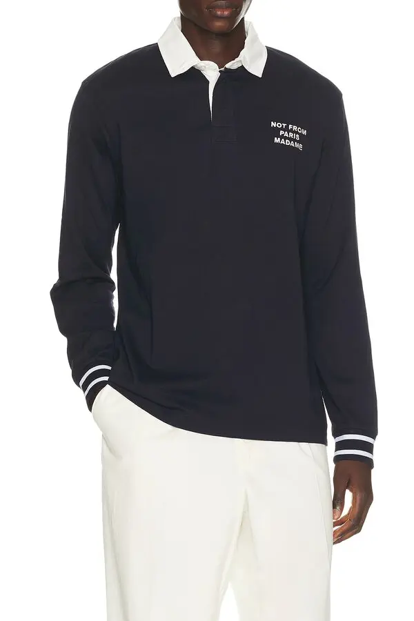 Drole De Monsieur Slogan Longsleeve Polo In Blue