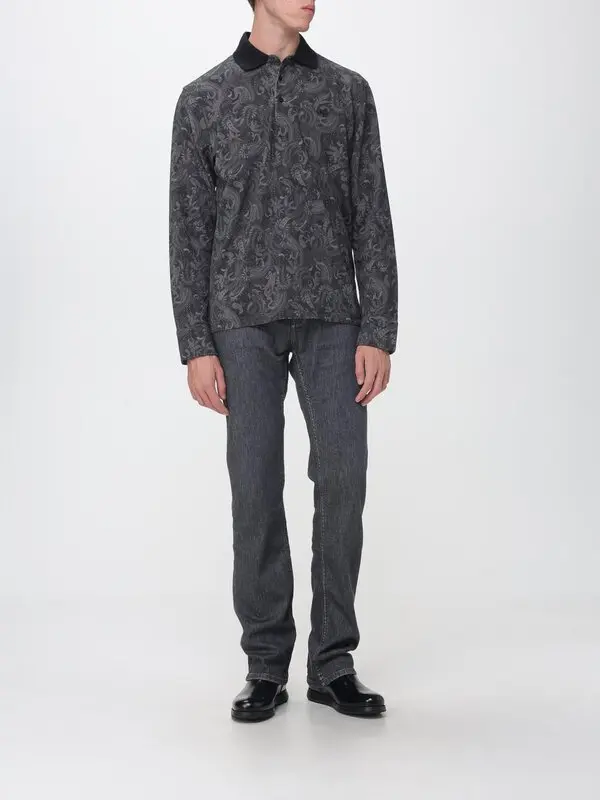 Etro Long-sleeved Paisley Print Cotton Piqué Polo Shirt