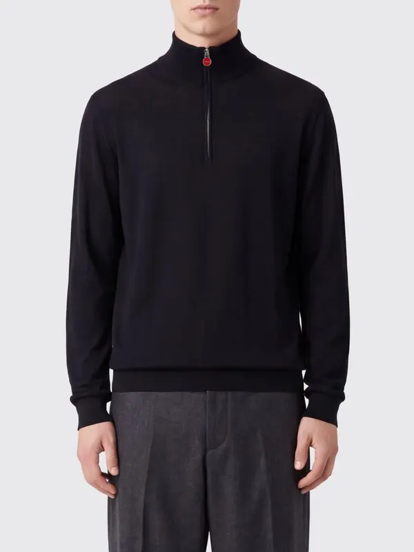 Kiton Pure Wool Half-zip Roll Neck Jumper With Ribbed Trims - Black