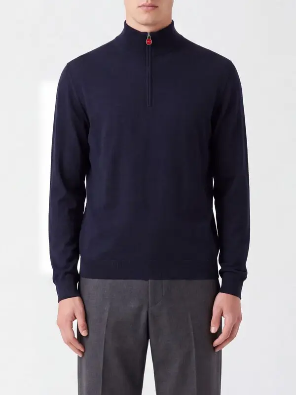 Kiton Pure Wool Half-zip Roll Neck Jumper With Ribbed Trims - Blue