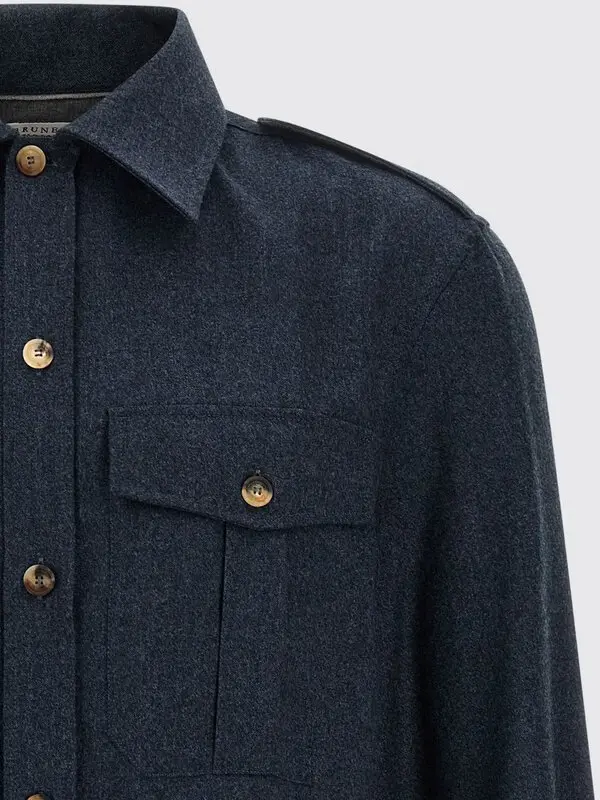 Brunello Cucinelli Long-sleeved Shirt In Pure Virgin Wool With Epaulettes
