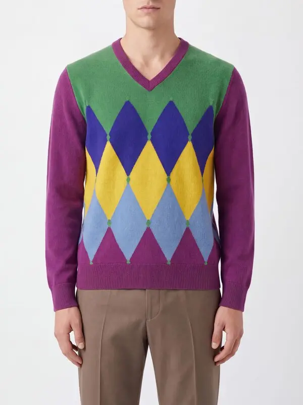BALLANTYNE Argyle Pattern Pure Cashmere V-neck Jumper - Violet