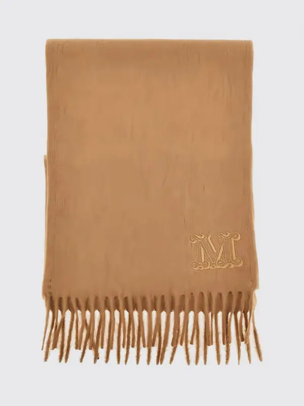 Max Mara Two-colour Pure Wool Scarf With Embroidered Monogram And Fringes - Camel