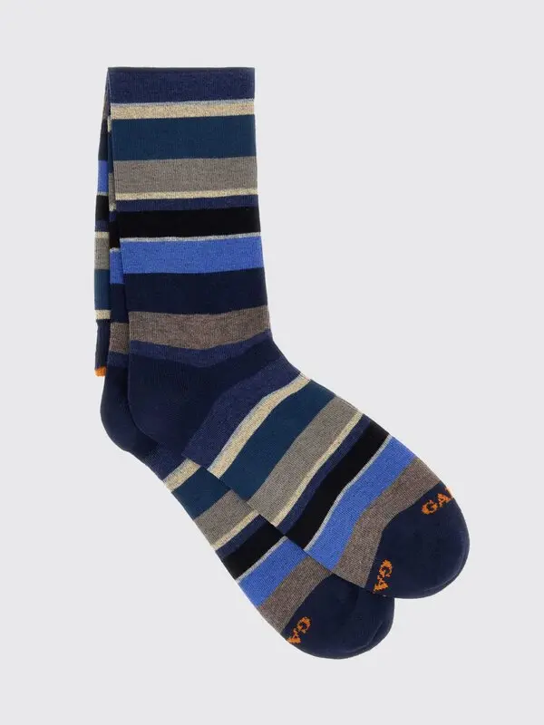 GALLO High Socks In Stretch Cotton With Multicolour Stripe Pattern And Jacquard Logo - Fa01