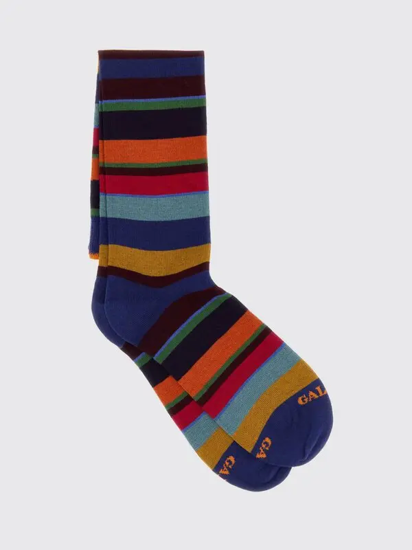 GALLO High Socks In Stretch Cotton With Multicolour Stripe Pattern And Jacquard Logo - Fa02