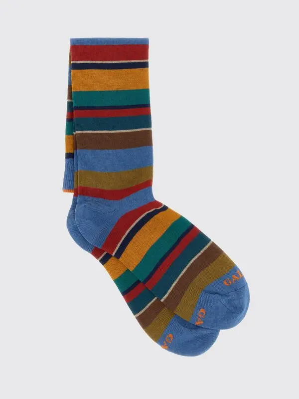 GALLO High Socks In Stretch Cotton With Multicolour Stripe Pattern And Jacquard Logo - Fa03