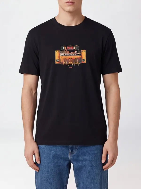 Hugo Crewneck Cotton T-shirt With Graphic Print And Contrast Logo On The Chest - Black