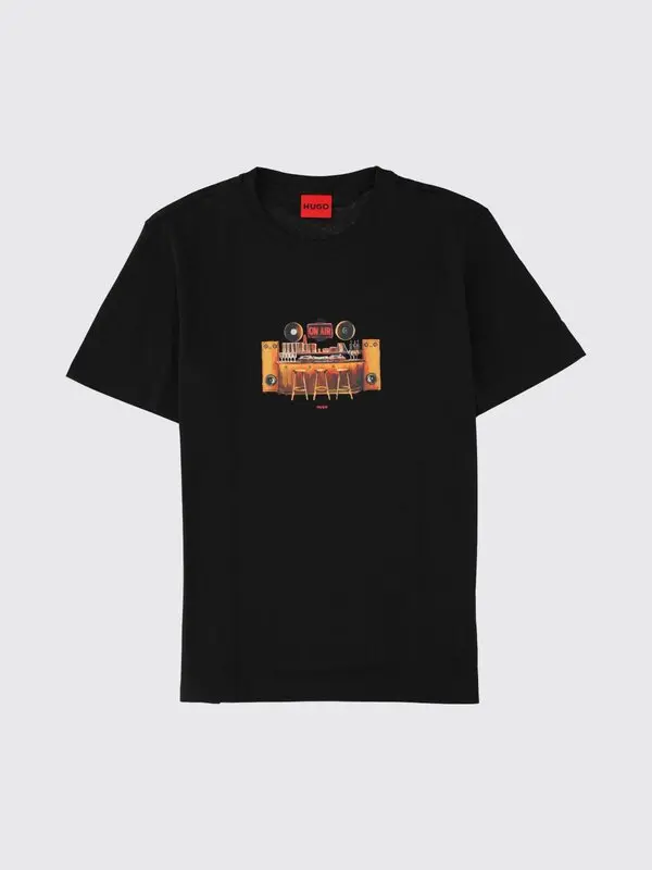 Hugo Crewneck Cotton T-shirt With Graphic Print And Contrast Logo On The Chest - Black