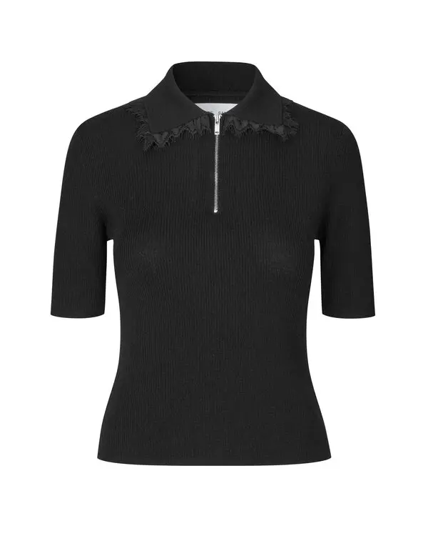 Samsøe Samsøe Lace-trim Half-zip Knit Polo Top - Black