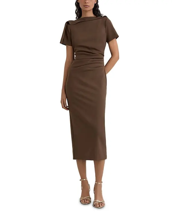 REISS Ruched Boat Neck Midi Dress - Mocha Brown