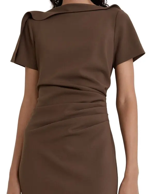 REISS Ruched Boat Neck Midi Dress - Mocha Brown