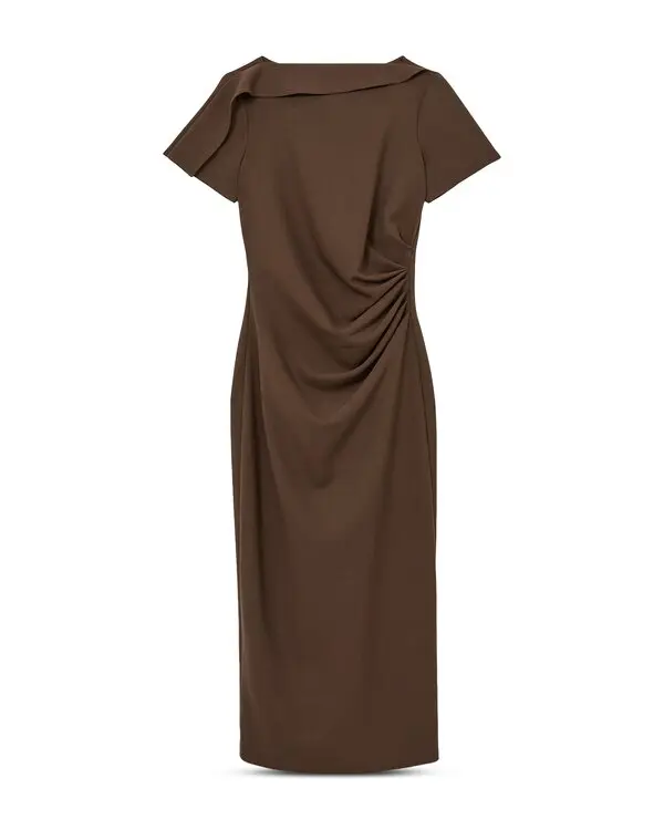 REISS Ruched Boat Neck Midi Dress - Mocha Brown