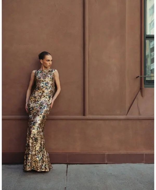 Mac Duggal Floral Sequin Cowl Back Mermaid Gown
