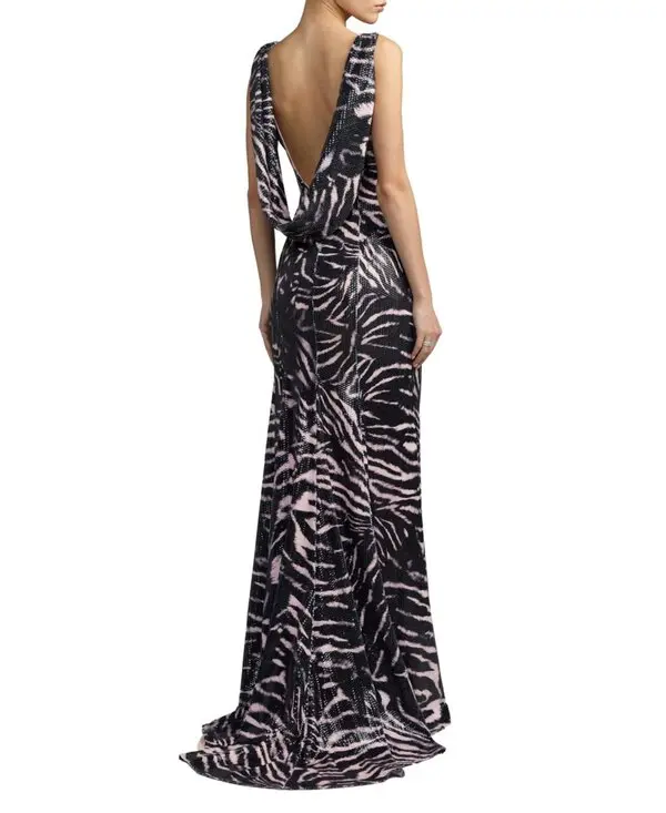 Mac Duggal Tiger Print Cowl Back Sequin Gown