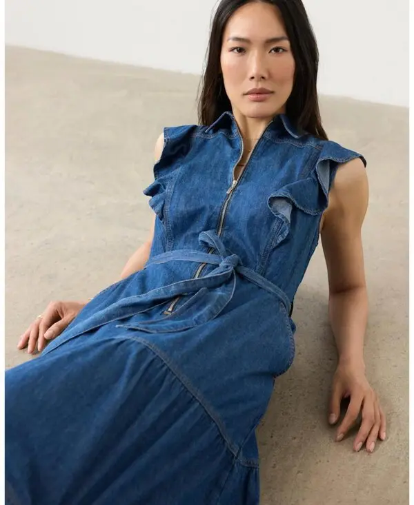 Mint Velvet Denim Ruffle Maxi Shirt Dress