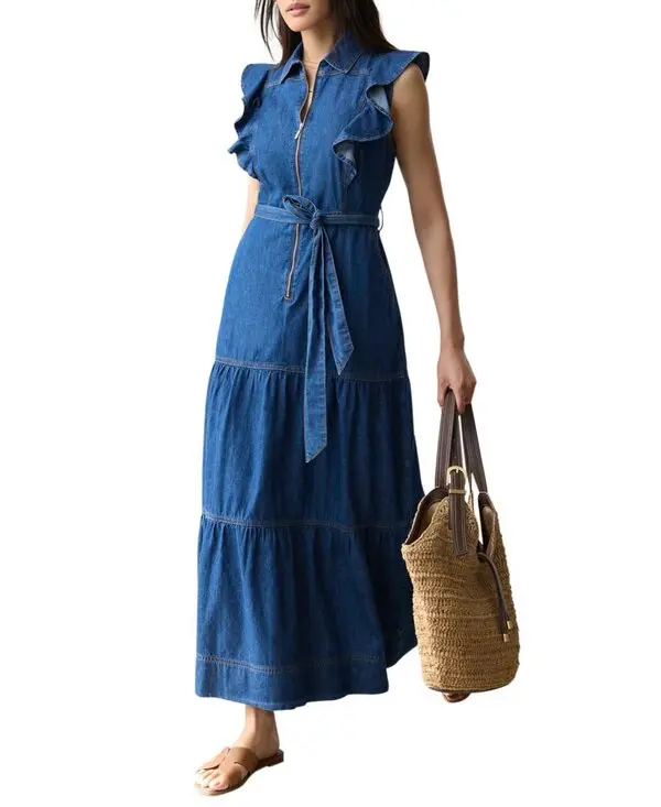 Mint Velvet Denim Ruffle Maxi Shirt Dress