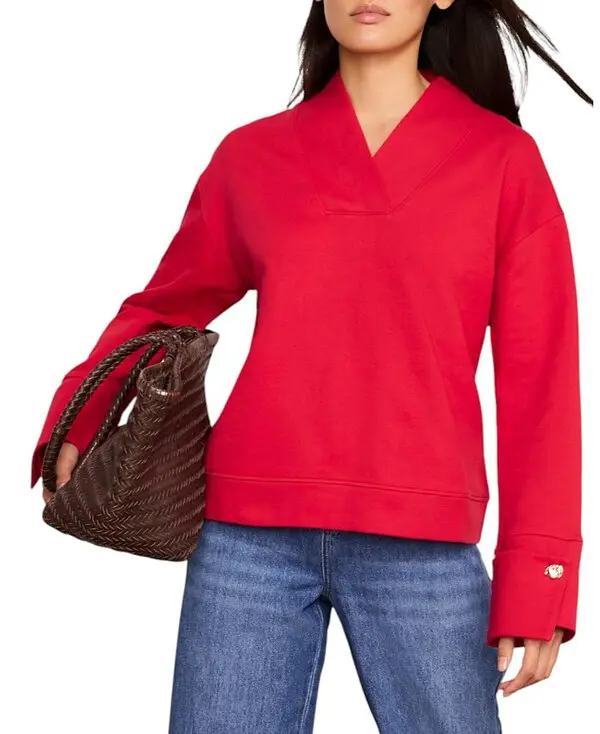 Mint Velvet Cotton V-neck Button Detail Sweatshirt