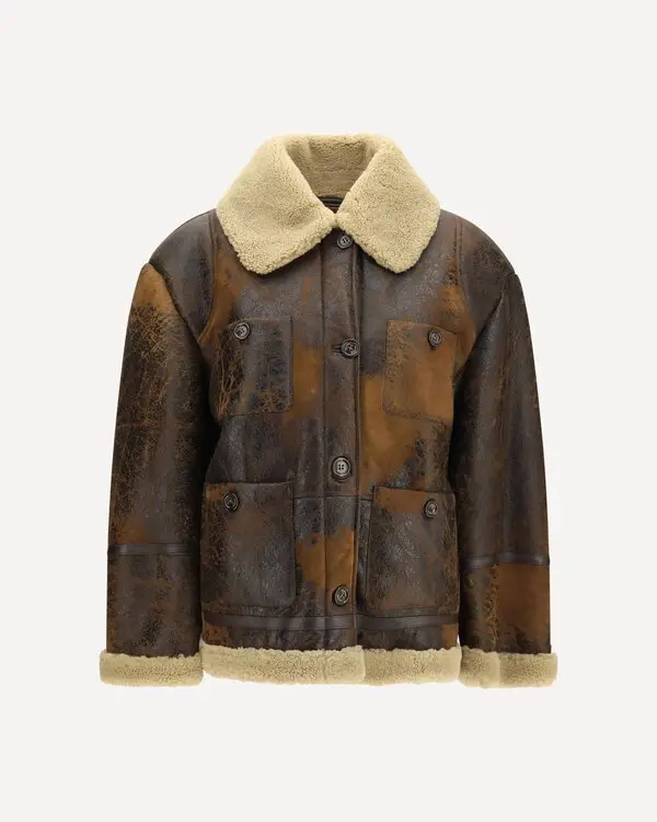VALSTAR Oversized Leather Jacket With Shearling Collar