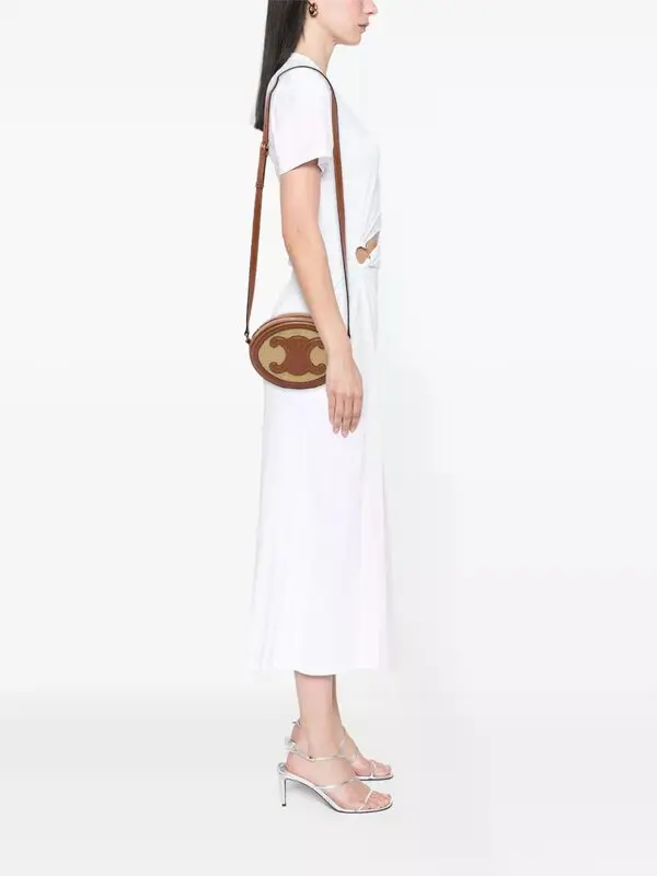 Celine 2021 Straw Effect Canvas Cuir Triomphe Oval Crossbody Bag