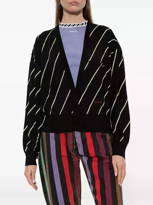 Versace Diagonal-stripe Embroidered-logo Cardigan