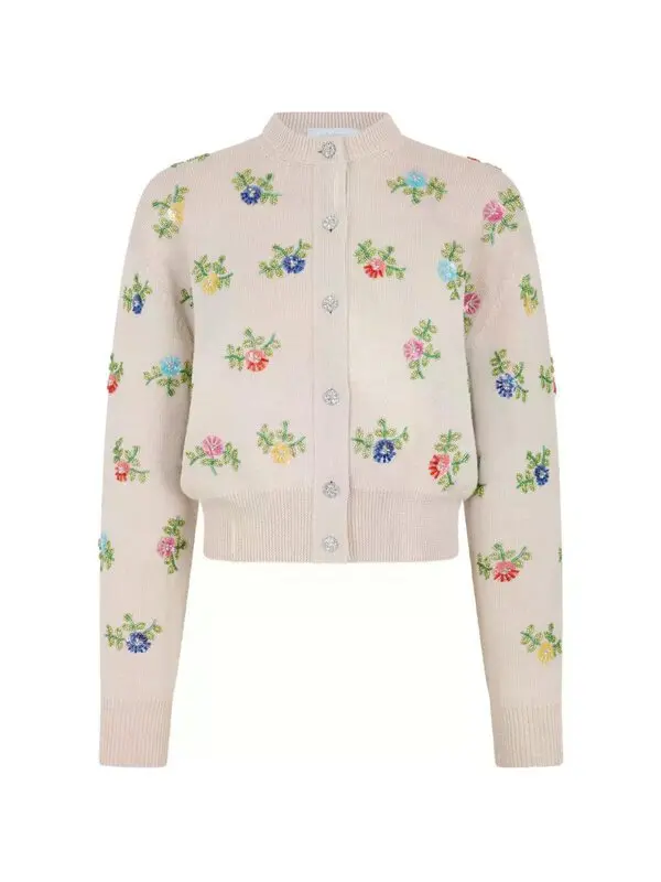 Rabanne Beige Wool Cardigan With Multicolour Floral Embroidery - Neutrals