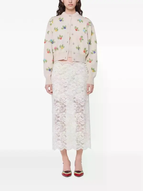 Rabanne Beige Wool Cardigan With Multicolour Floral Embroidery