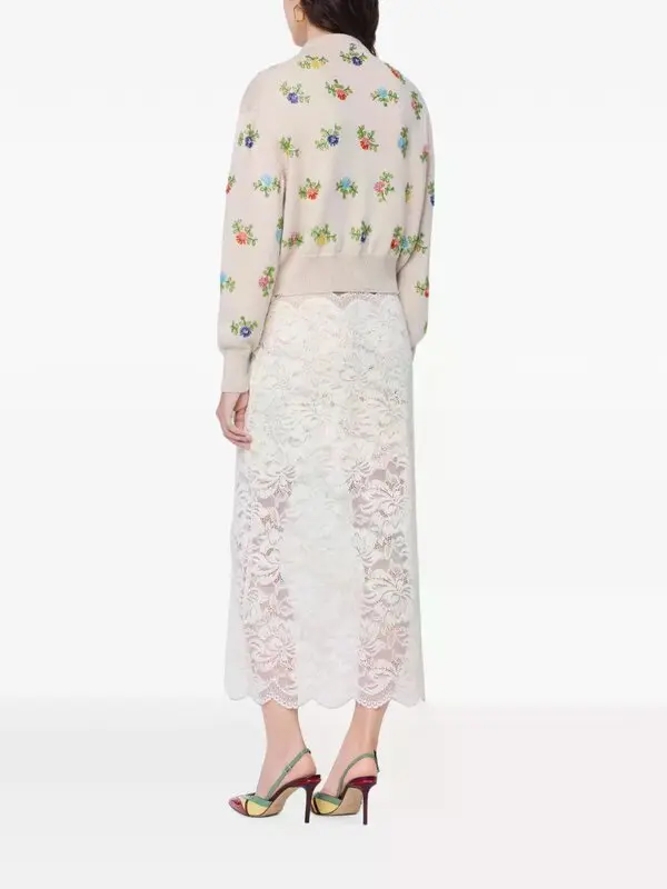 Rabanne Beige Wool Cardigan With Multicolour Floral Embroidery