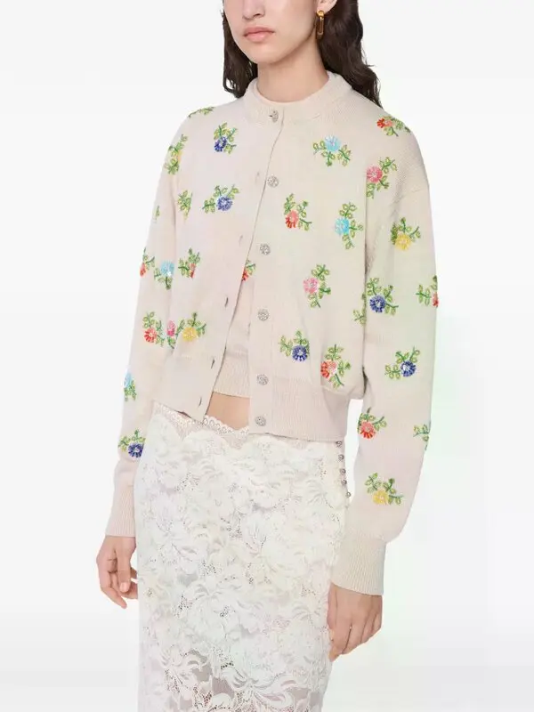 Rabanne Beige Wool Cardigan With Multicolour Floral Embroidery