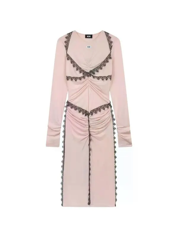 Gcds Lace-trim Ruched Midi Dress - Pink