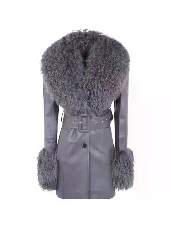 STAND STUDIO Belted Shearling-trim Coat