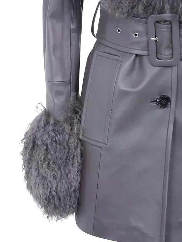 STAND STUDIO Belted Shearling-trim Coat