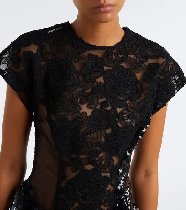 Simone Rocha Paneled Lace-trimmed Sequined Midi Dress - Black
