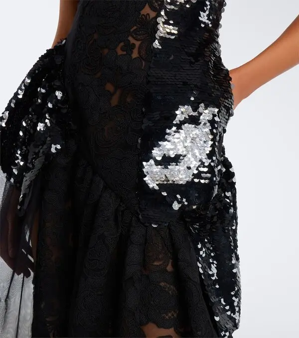 Simone Rocha Paneled Lace-trimmed Sequined Midi Dress - Black
