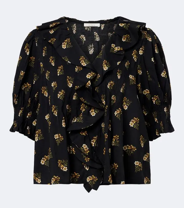 DÔEN Henri Floral Ruffled Cotton-blend Blouse - Black