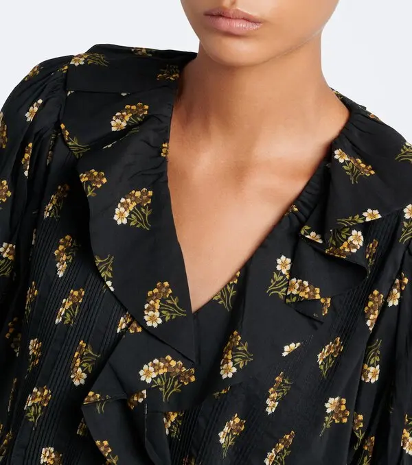 DÔEN Henri Floral Ruffled Cotton-blend Blouse - Black