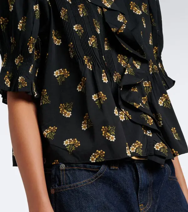 DÔEN Henri Floral Ruffled Cotton-blend Blouse - Black