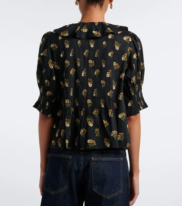 DÔEN Henri Floral Ruffled Cotton-blend Blouse - Black