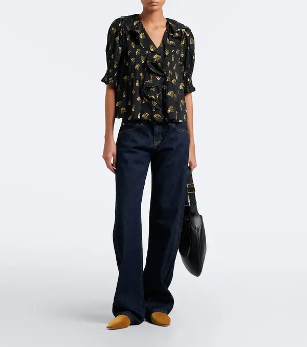 DÔEN Henri Floral Ruffled Cotton-blend Blouse - Black