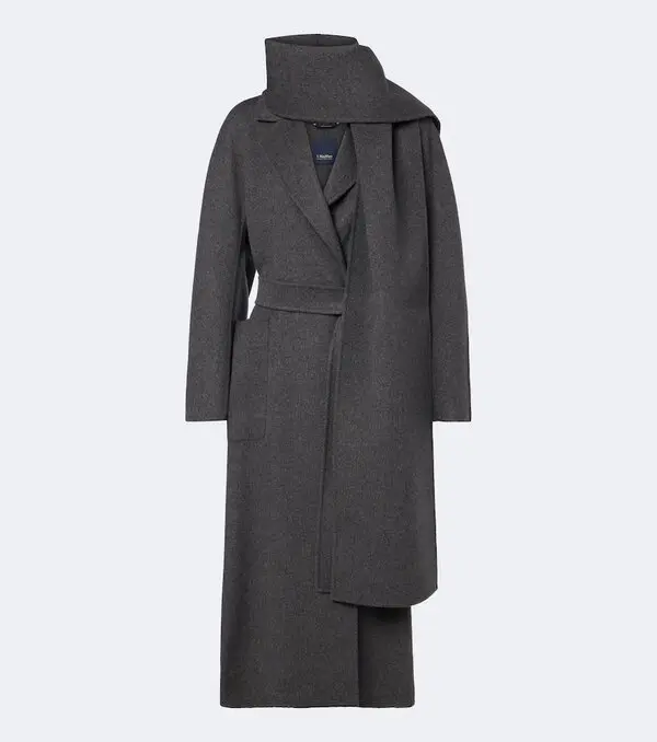Max Mara Scarf-detail Virgin Wool Wrap Coat - Grey